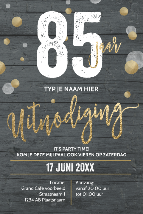 Luxe 85 jaar verjaardag uitnodiging grijs goud typografie