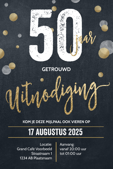 Mooie jubileum uitnodiging 50 jarig huwelijk met foto grijs goud Mooie jubileum uitnodiging 50 jarig huwelijk met foto grijs goud